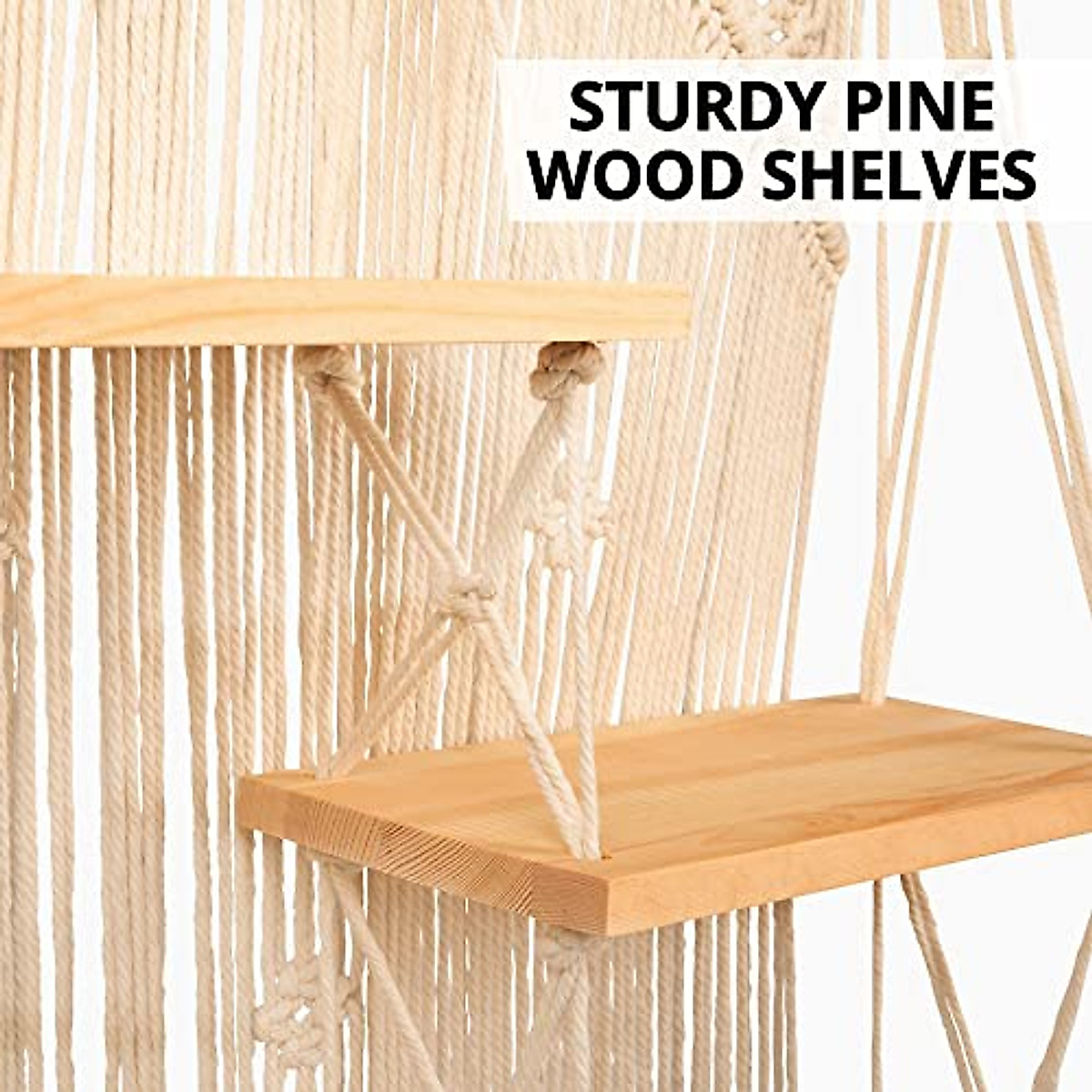 Macrame Wall Hanging Plant Decor Shelf, Tall Ladder Shelf, 5 Tier Indoor Handmade Plant Shelves, Large Boho White Beige Hanging Floating Hand Woven Rope for Bedroom, Bookshelf (60" H x 24" W)