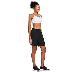 BALEAF Womens' 7" Long Running Athletic Shorts Back Zipper Pocket Workout Gym Shorts Quick Dry High Waist with Liner Black Size M