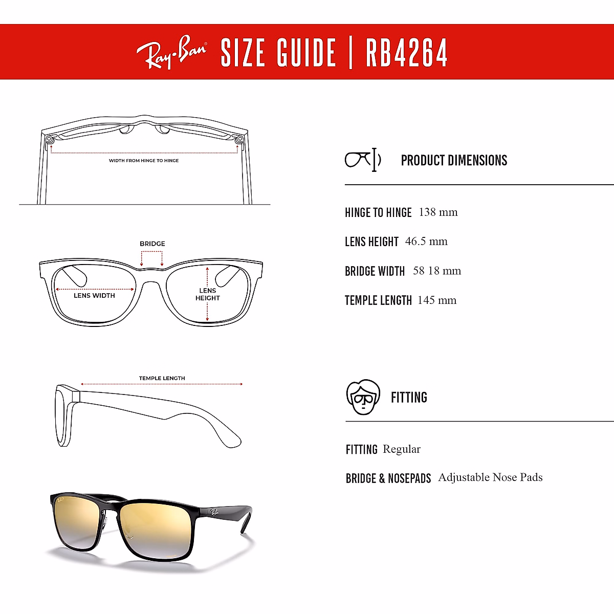 Ray-Ban RB4264 601/J0 58M Black/Blue Mirror Gold Gradient Polarized Rectangular Sunglasses For Men For Women + BUNDLE with Designer iWear Care Kit