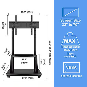 Hellsehen Mobile TV Stand,Rolling TVs Cart on Wheels Height Adjustable Heavy-Duty Floor Stand Base for 32 -70 Inch LCD LED OLED Flat Panel Screens Smartboard Movable Holds up to 100lbs with Shelf