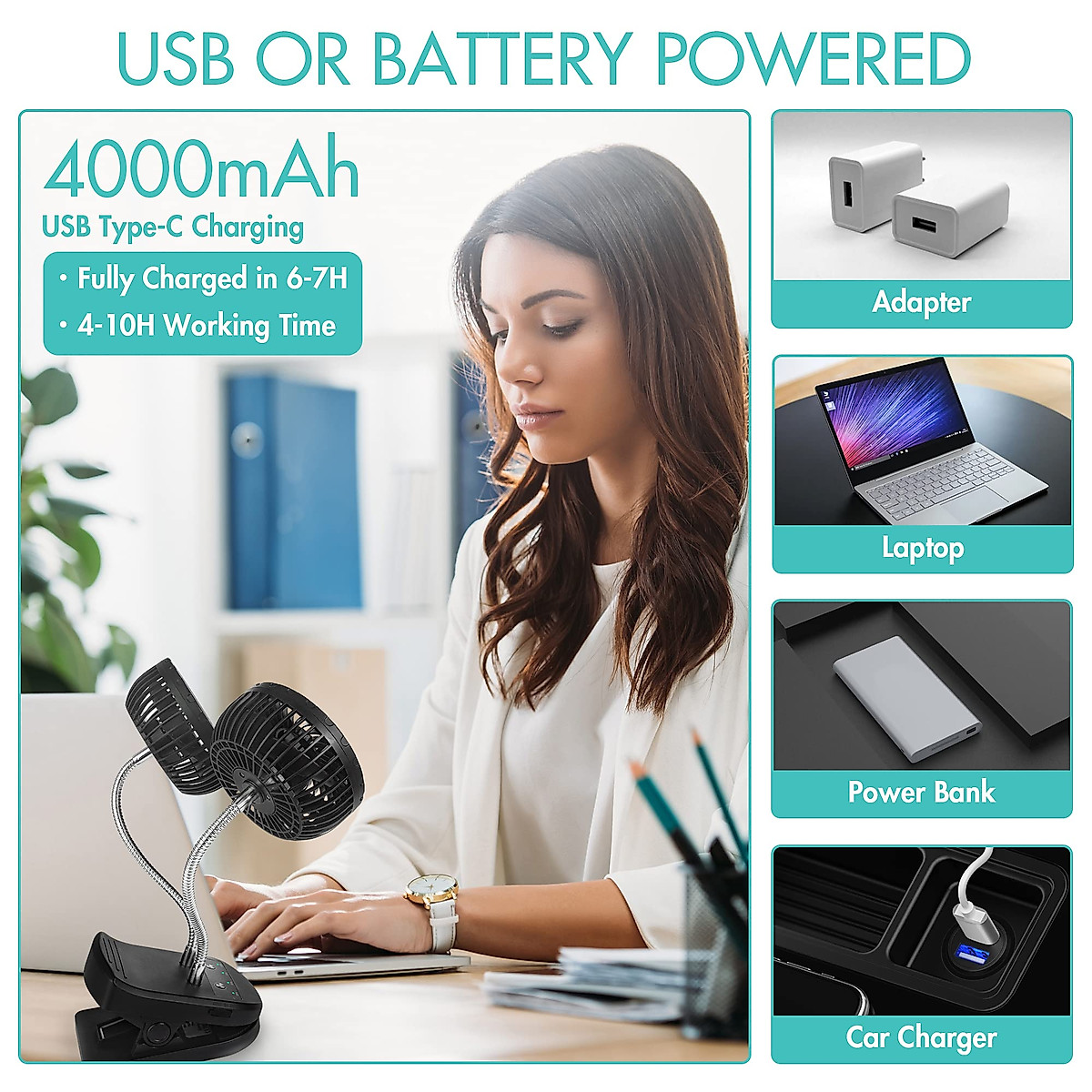 ASKPULION Portable Clip on Fan, Dual Heads Battery Operated Fan, 4000mAh Rechargeable Desk Fan with Flexible Gooseneck for Travel Camping RV Home Office