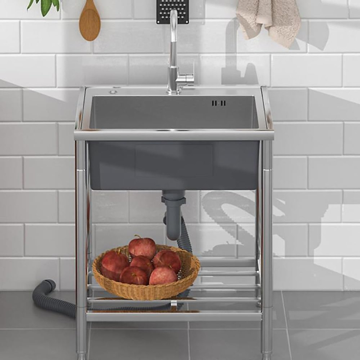 TOCTUS Outdoor Garden Sink Portable Hand Washing Station Single Trough Stainless Steel Commercial Sink Kitchen Bar Laundry Tub 1 Compartment with Storage Shelve and Faucet (Color : Hot and Cold)