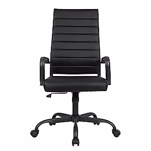LANDSUN Home Office Chair High Back Executive Chair Ribbed Leather Computer Desk Chair with Armrests Soft Pad Adjustable Height Swivel Conference Black Frame