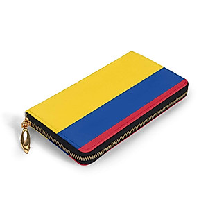Colombian Flag Ladies Long Wallet Genuine Cowhide Zip Closure Card Slot Wallet