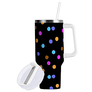 ODAWA Large Polka Dot Insulated Cup with Handle and Straw, Double Insulated Tumbler Insulated Travel Tumbler
