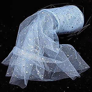 HAVII 54" x 5 Yards Sky Blue Glitter Tulle Rolls Silver Star Moon Sequin Tulle Fabric Bolt for Tutu Skirts DIY Sewing Craft Party Stage Home Background Decoration