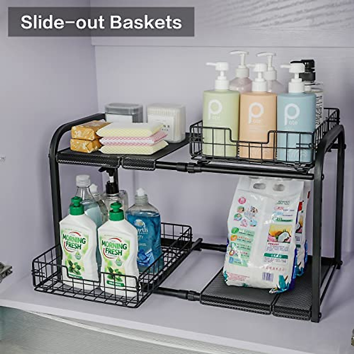 Expandable Under Sink Organizers and Storage, 2-Tier Cabinet Organizer Shelf with 2 Slide-out Baskets, Adjustable Large Under Sink Storage Racks for Bathroom Kitchen,Black