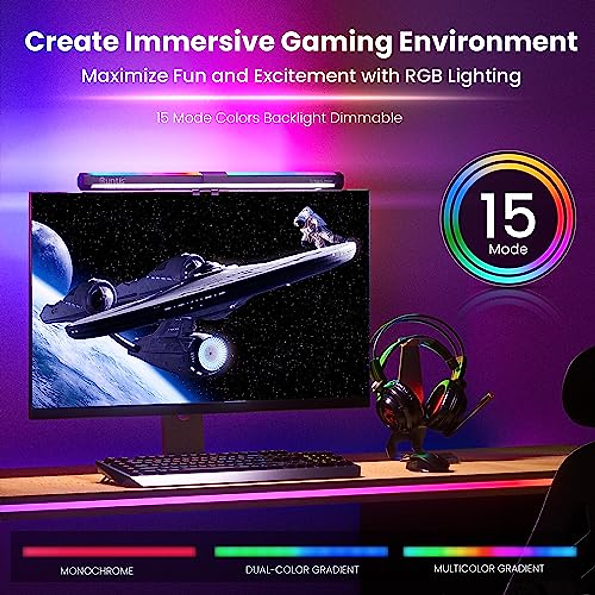 Quntis Monitor Light RGB Backlight, Eye-Care Dual Light Computer Light Bar Gaming Office Desk Lamp, 15 Modes Dimmable Backlight, 3 Color Temperature Adjustable Brightness, Ra95 Screen Light Bar