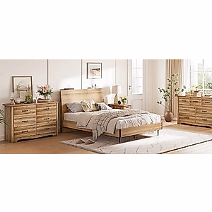 LINSY Full Size Bed Frame Wood with Ergonomic Headboard, Farmhouse Bed Frame Full with Storage Shelf, 45-Min Fast Assembly Wood Bed Full, Noise-Free, No Box Spring Needed - Brown