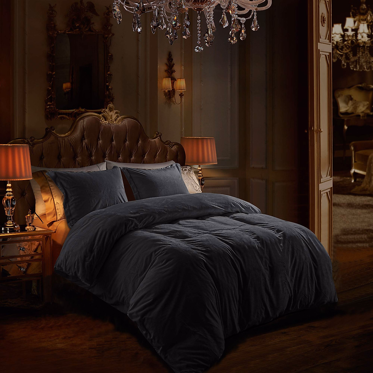 BEDSUM Luxury Crystal Velvet Bedding Duvet Cover Set, 3 Pieces Zippered Flannel Comforter Cover Set, King, 104"x90", Charcoal Grey