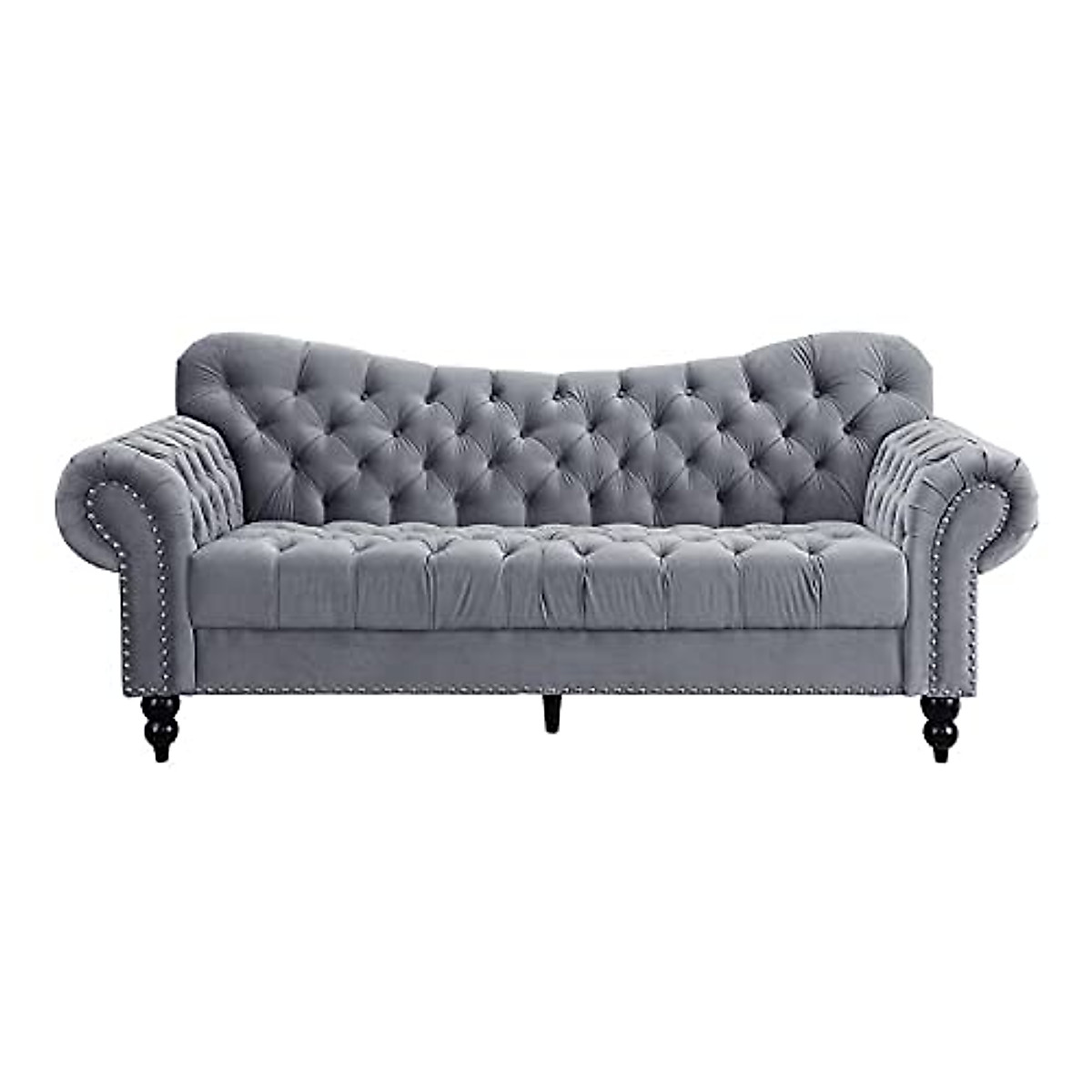 Pemberly Row 84" Velvet Roll Arm Sofa with Tufted Nailhead Upholstery, 3 Seater Fabric Couch Furniture for Home Living Room, Dark Gray