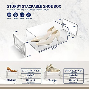 SEE SPRING 12 Pack Medium + 12 Pack X-large Shoe Storage Box, Clear Plastic Stackable Shoe Organizer for Closet, Space Saving Foldable Shoe Containers Bins Holders (Black Clear)