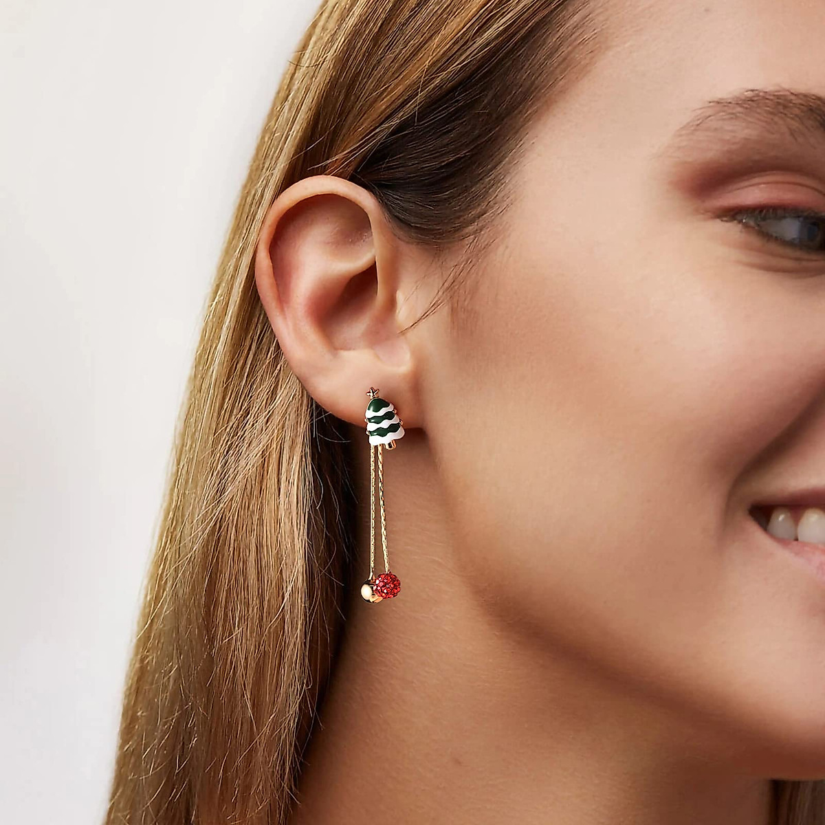 Luxmad Christmas Earrings 14K Gold Plated Cute Slidable Santa Claus Drop Dangle Earrings for Women Girls Asymmetrical Christmas Tree Sled Bell Jewelry Gifts