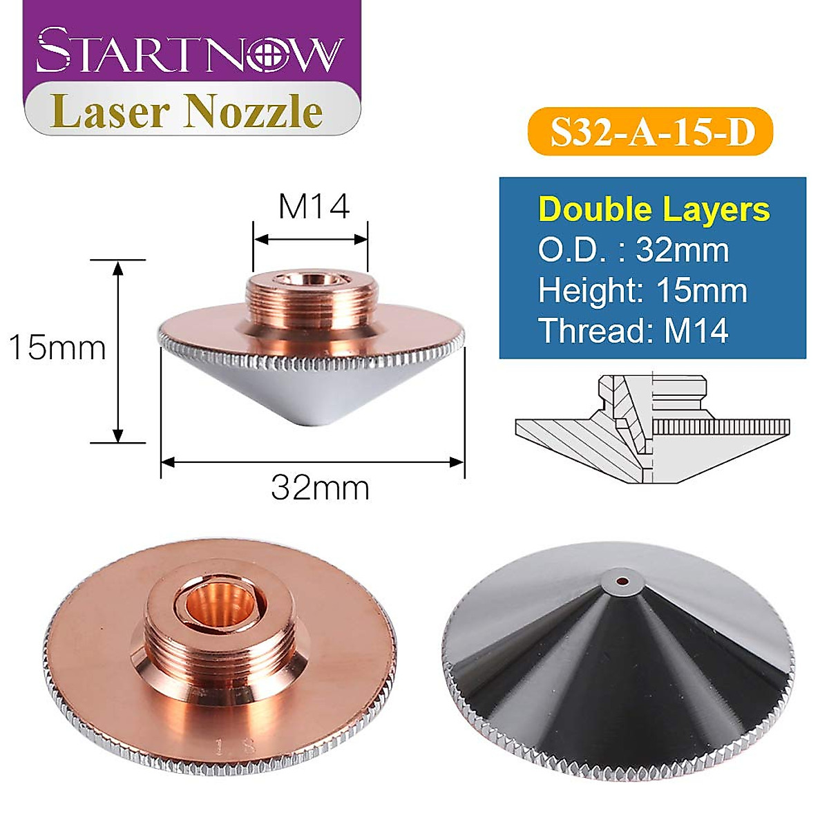 Startnow Laser Cutting Nozzle for Raytools Empower Head D32mm Fiber Laser Nozzle Double Single Layer 1.0 1.2 1.5mm (S32-A-15-D 1 PCS, Caliber 1.0mm)