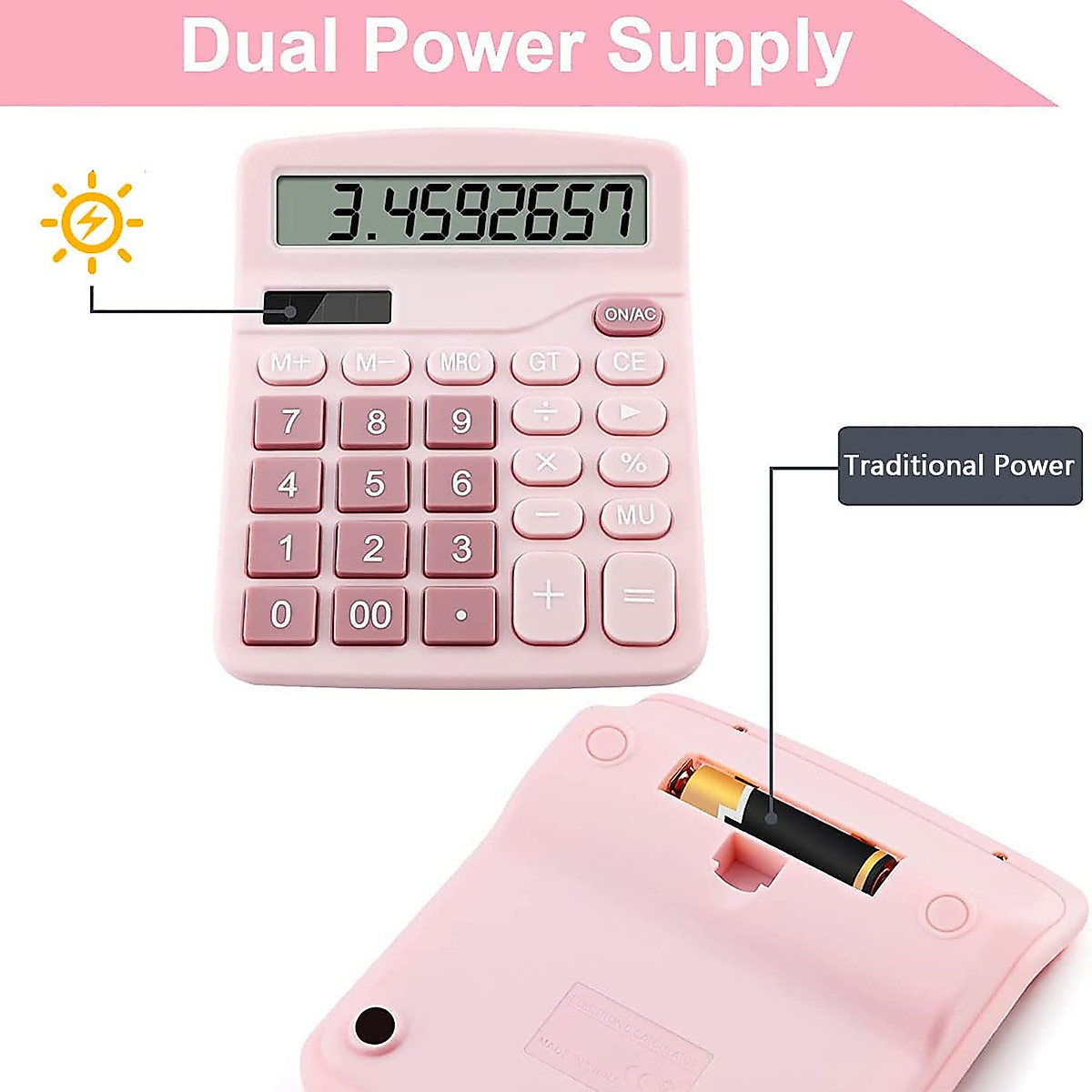 Podokas Office Calculators Desktop, 12-Digit Battery Dual Power Cute Calculator with Large LCD Display Big Button for Office Home and School (Pink)