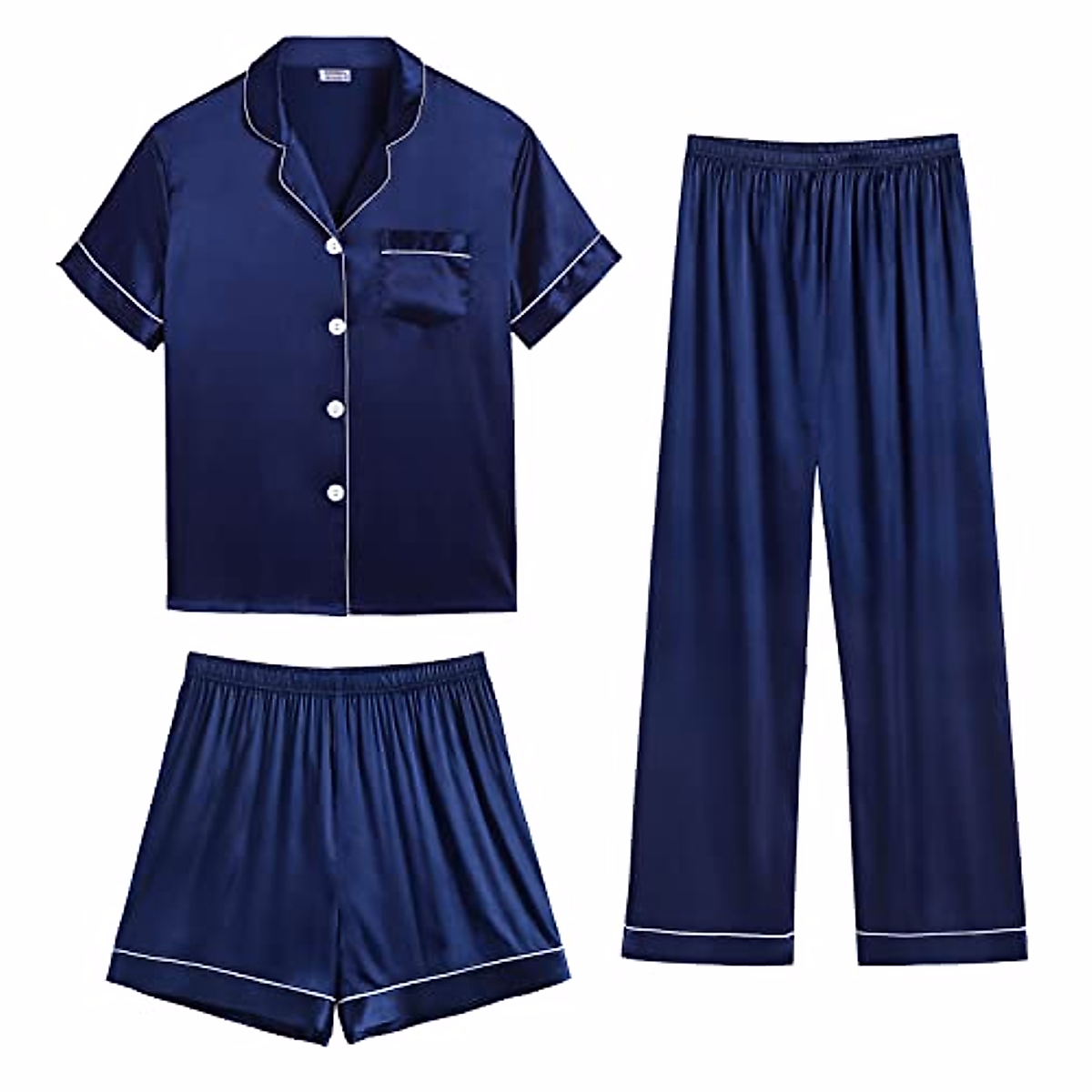 SWOMOG Women's 3 Pcs Pajamas Sets Silk Satin Sleepwear Button Down Loungewear Short Sleeve Shirt Pjs Navy Blue
