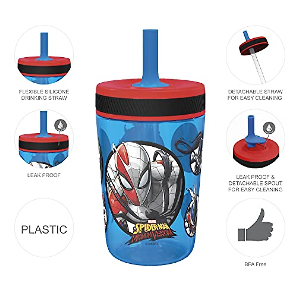 Zak Designs Marvel Spider-Man and Venom Kelso Tumbler Set, Leak-Proof Screw-On Lid with Straw, Made of Durable Plastic and Silicone, Perfect Bundle for Kids (15 oz, 2pc Set)