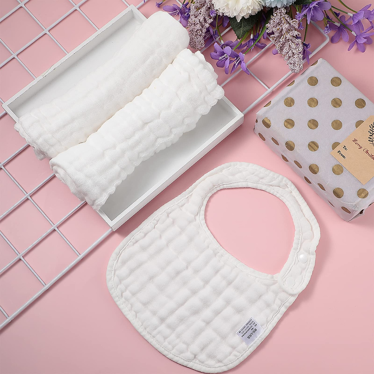 Huukeay 8 Pieces Muslin Burp Cloth Baby Bandana Drool Bibs Set Soft Baby Muslin Washcloths Adjustable Baby Scarf Bibs 6-Layer Absorbent Burp Towels for Baby Infant Newborn Teething and Drooling