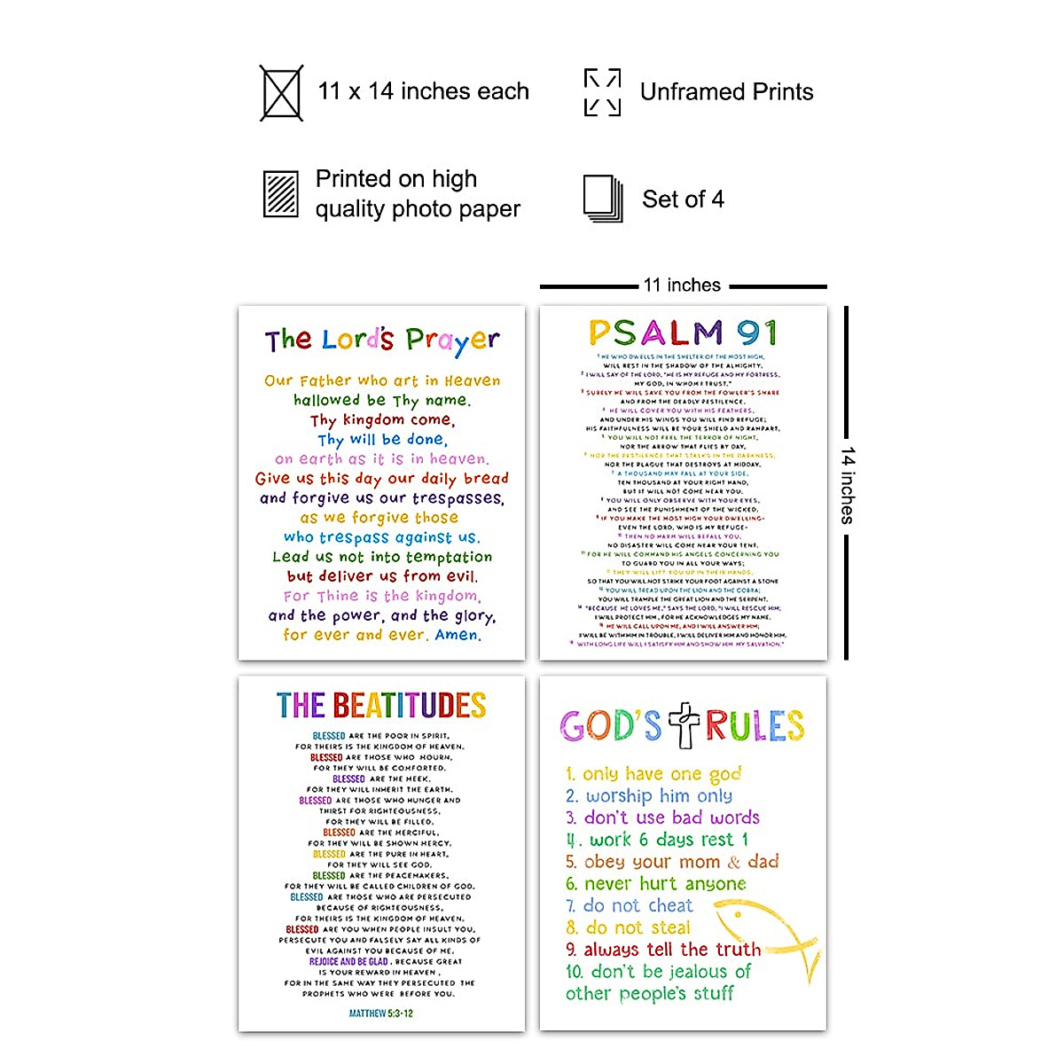 LARGE 11x14 - Ten Commandments Wall Decor - Psalm 91 - Lords Prayer Wall Art - Religious Wall Decor - Christian Wall Art - Beatitudes Wall Art - Catholic Gifts - God Bible Verses - Scripture Wall Art