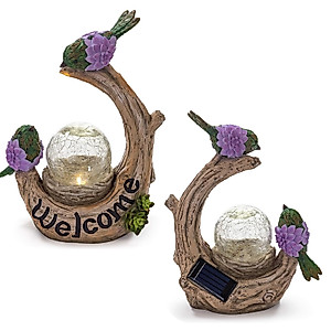 VP Home Welcome Birds Tree Trunk Solar Powered LED Outdoor Decor Garden Light with Crackled Glass Globe Welcome Birds Statues Outdoor Bird Decor Figurine Decor for Outside Patio, Yard, Lawn