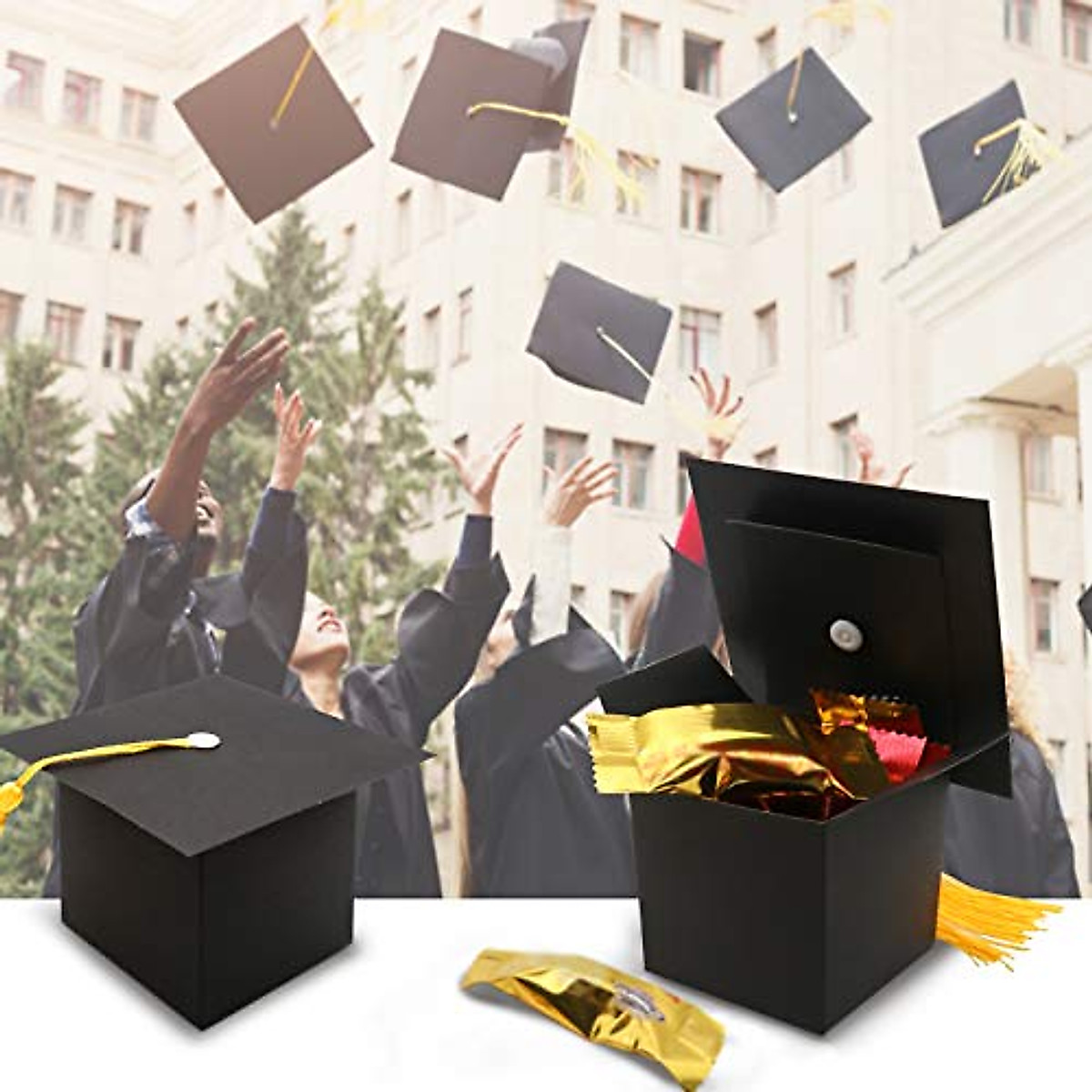 INKNOTE 32 pcs Graduation Cap Gift Box for 2023 Graduation Ceremony Party, Black Box with Yellow Tassel Party Favors Decor Party Supplies,Treat Cake Candy Chocolate Biscuit Box for Graduation Party