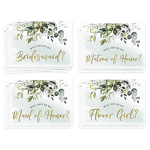 Printed Party Bridemaid Proposal Kit, 16 Cards and Envelopes, Greenery Eucalyptus, Includes Maid of Honor, Matron of Honor, and Flower Girl