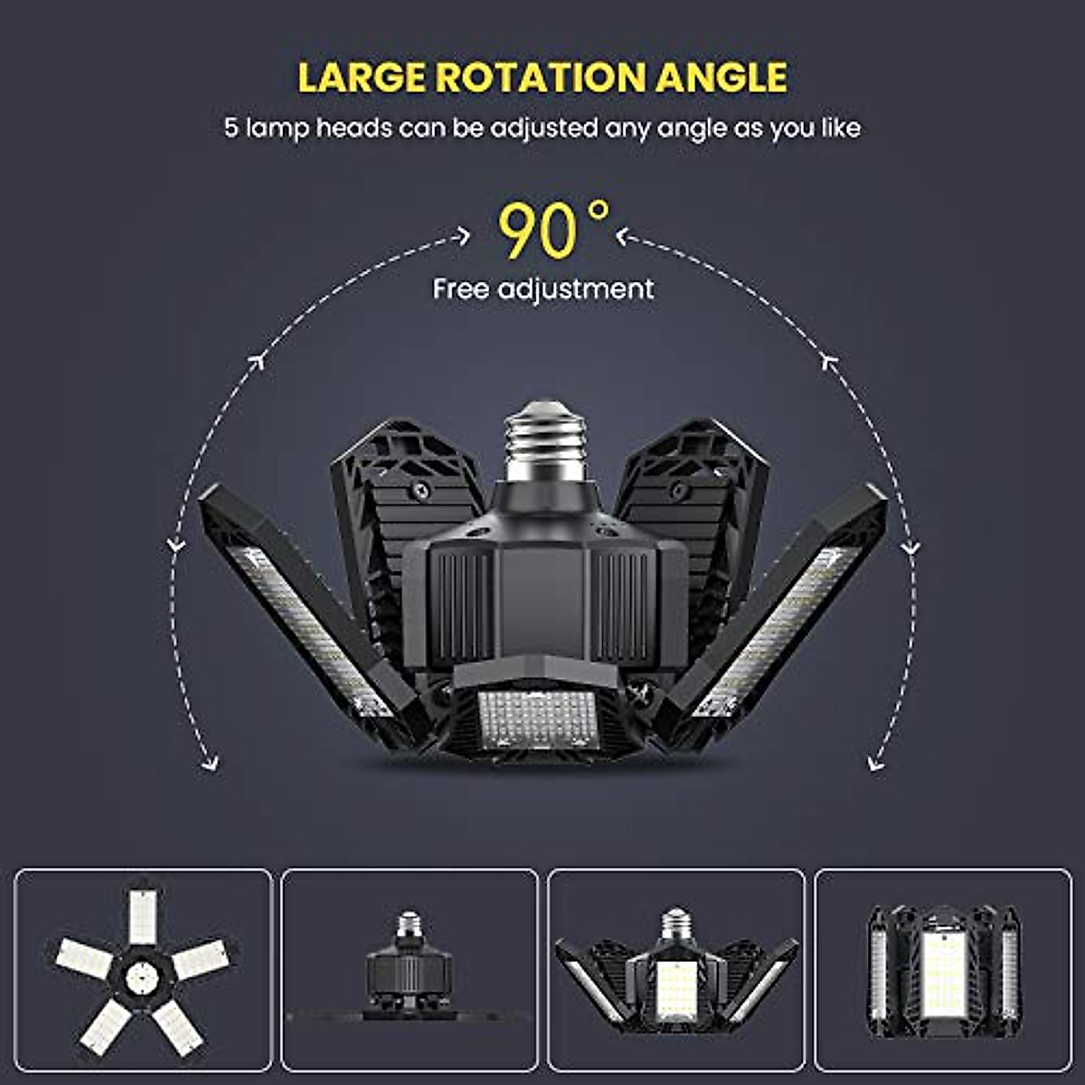 LED Garage Lights, 100W UDIYO Deformable Garage Ceiling Light with 5 Adjustable LED Panels, 6000LM E26/E27 Basement Lights, Fits for Garage, Warehouse, Barn, Workshop and Yard