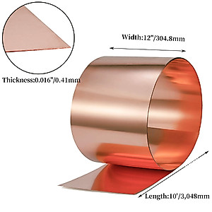 BELLA BAYS Copper Flashing 26 Gauge(0.016"/0.41mm) Thickness, 12in x 10ft, ASTM B152 99.95+% Pure Copper Sheet Roll, General Use or Roofing Flashing Roll - DIY Project or Contractor