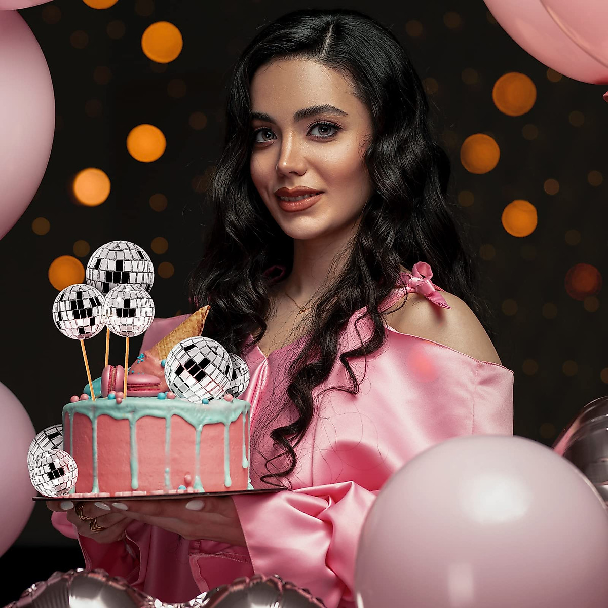 Disco Ball Cake Toppers, 20pcs 1970s Disco Ball Cake Decorations Cupcake Toppers Cake Picks for Birthday Disco Theme 70s Party Supplies(Silver)