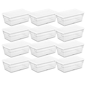 Sterilite 6 Qt Clear Plastic Stackable Storage Bin w/White Latching Lid Organizing Solution, 12 Pack