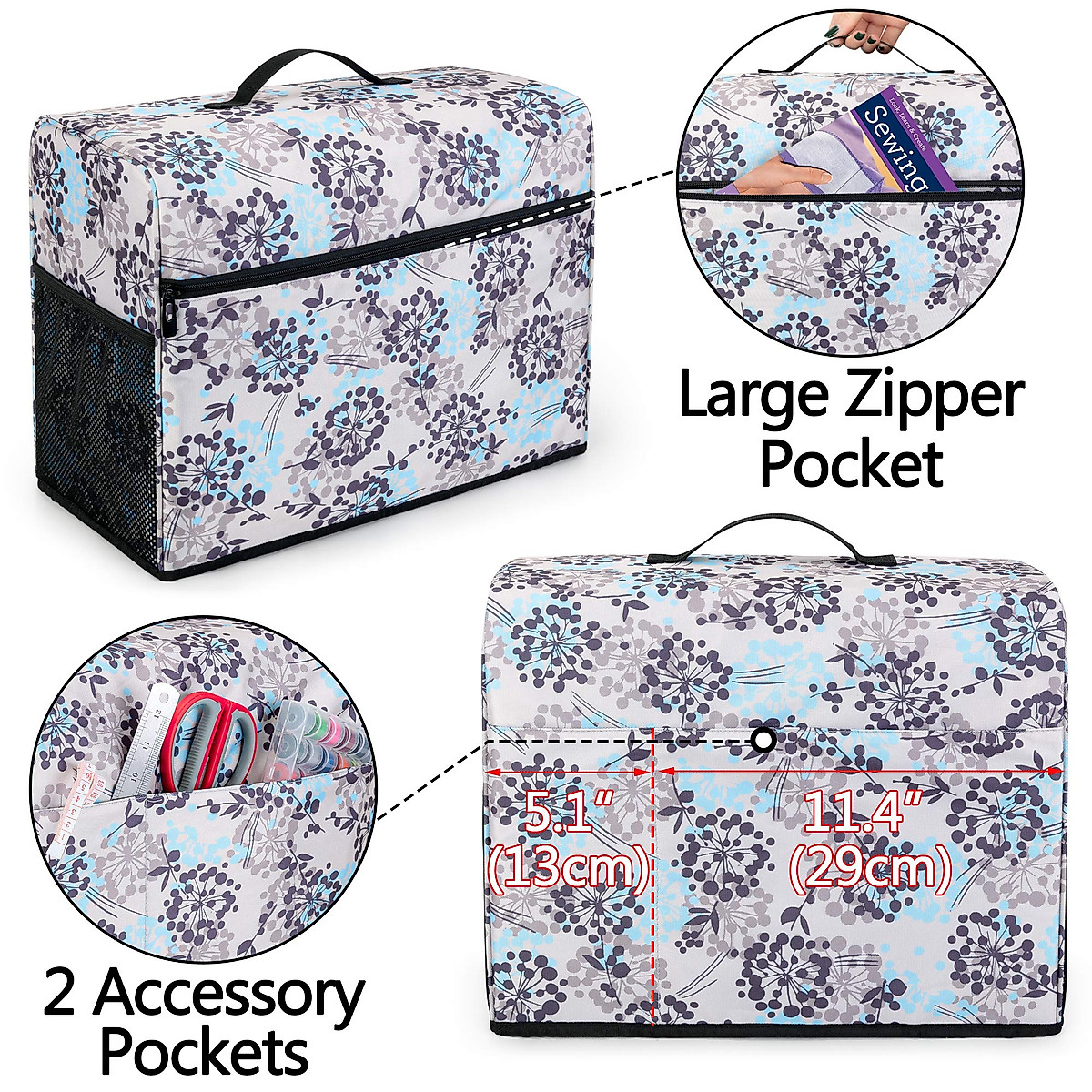 CURMIO Sewing Machine Cover with Pockets, Dust Cover Compatible with Most Standard Singer and Brother Sewing Machine, Dandelion (Patented Design)
