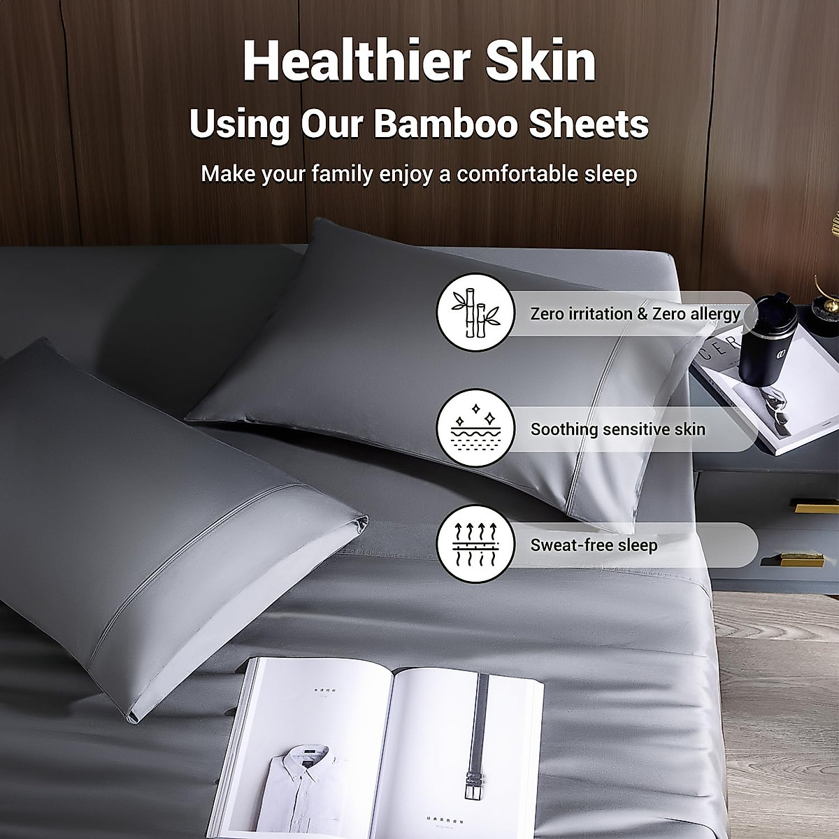 Shilucheng Cooling Breathable Bamboo Bed Sheets Set - King Size,1800 Thread Count Super Silky Soft with 16 Inch Deep Pocket, Machine Washable, 4 Piece (King,Dark Grey)