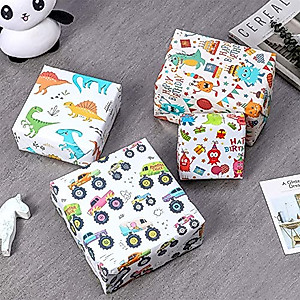Camkuzon Birthday Wrapping Paper for Boys, Girls, Kids. 4 Cute Design Includes Monster,Car,Dinosaur.Gift Paper for Holiday,Party,Baby Shower-1 Pack Contains 10 Sheets-20 inch X 30 inch Per Sheet ,Folded Flat, Not Rolled