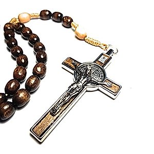 ESNOY OVERSIZED Made in Italy Rosary Blessed by Pope Francis Vatican Rome Holy Father Medal Cross Saint Benedict Patron Saint of Students Honor Veterans US Army solders Addiction Dependence (Brown)