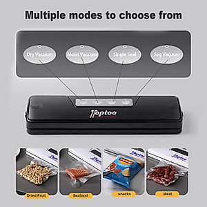 Toptoo Vacuum Sealer For Food Storage Vacuum Sealer Machine Meat Sealers Vacuum Packing Machine With Free Vacuum Seal Bags 1 Roll (12" x 17'), 2 Rolls (8" x 17') and 10 Pack (6" x 10') Black