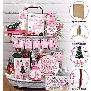 Pink Christmas Decoration, Christmas Tiered Tray Decor 15 Pcs Pink Christmas Ornaments Farmhouse Rustic Decor Christmas Gnome Truck Snowflake Wooden Sign for Christmas Centerpiece Table Party Holiday