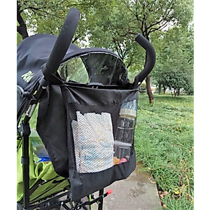 Eunika Baby Stroller Organizer Storage Bag (3 Pcs), Kid Stroller Accessories Travel Hanging, Snap Button Dual Layered Pocket Pram Accessories, Free Gifts Stroller Hooks Black Stroller Mesh Bag