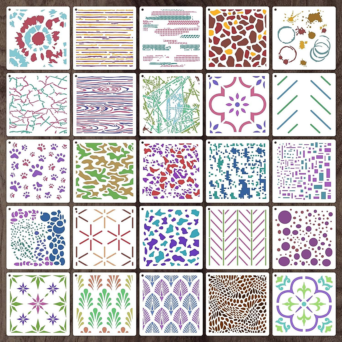 6 Inch Wall Texture Stencils for Painting, 25 Pieces Reusable DIY Modern Wall Stencil Mixed Crackle Marble Background Camo Spray Paint Art Templates for Wood Canvas Paper Floor Tile(Wall)