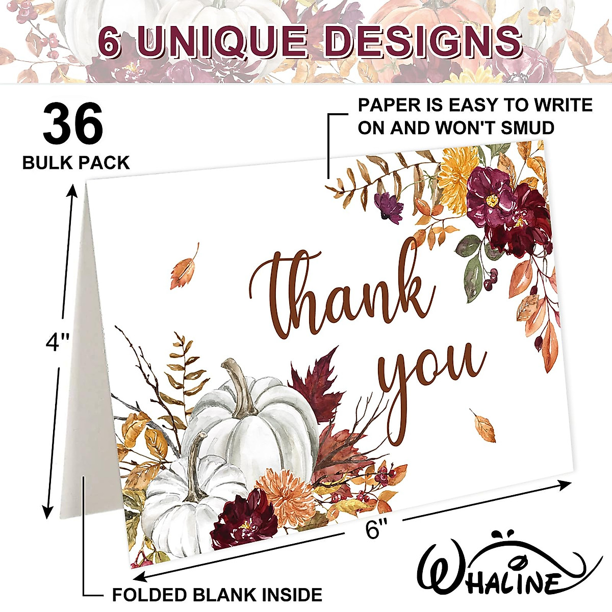 Whaline 36 Pack Fall Thank You Card Watercolor Floral Pumpkin Leaves Greeting Cards with Envelope Sticker Blank Note Cards for Autumn Thanksgiving Wedding, 4 x 6 Inch