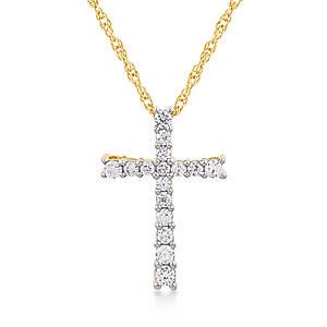 Jewelili Cross Pendant Necklace for Women in 10K Yellow Gold with 1/2 CTTW Natural White Round Diamonds | 18 inch Gold Filled Rope Chain