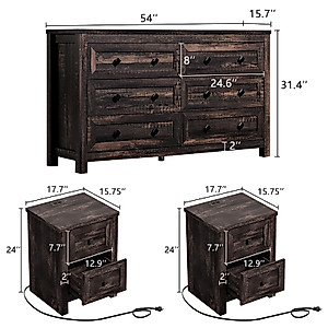 LUXOAK Bedroom Dresser and Nightstand 3 Piece Set, 1 X Wood Rustic 6 Drawer Storage Dresser, Nightstand Set of 2 with Charging Station, Farmhouse Bedroom Furniture Set, Dark Rustic Oak