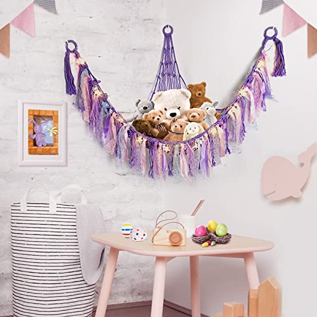 Stuffed Animal Net or Hammock with Light, Hanging Plush Toy Hammock Stuffed Animal Storage Organizer Holder Room Decor with Tassels Hooks for Kids Nursery Playroom Bedroom