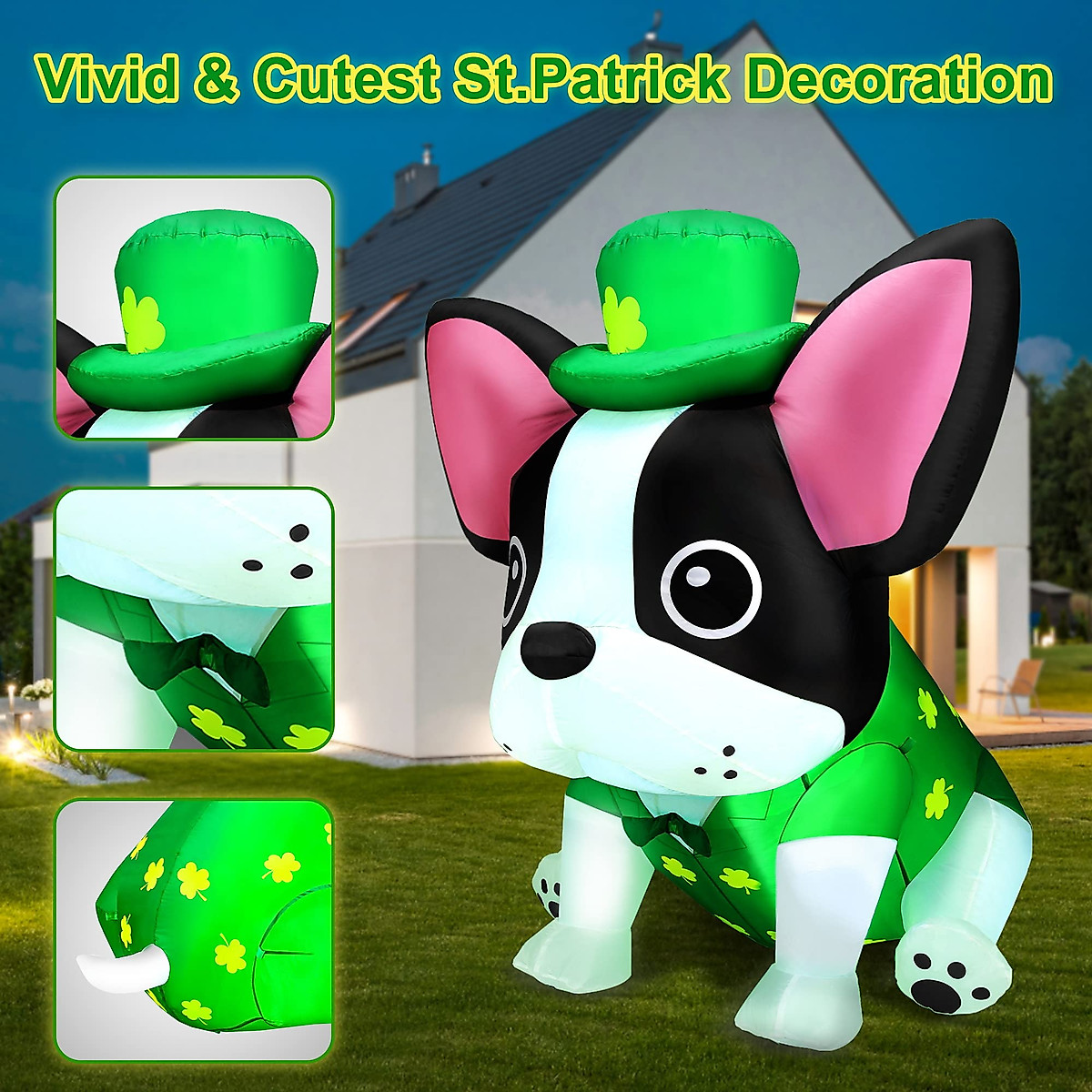 zukakii 5Ft St. Patrick's Day Inflatable Outdoor Decoration Blow Up French Bulldog Wearing Lucky Shamrocks Hat with LED Lights St Patricks Day Decorations Yard Garden Lawn Home Party Indoor