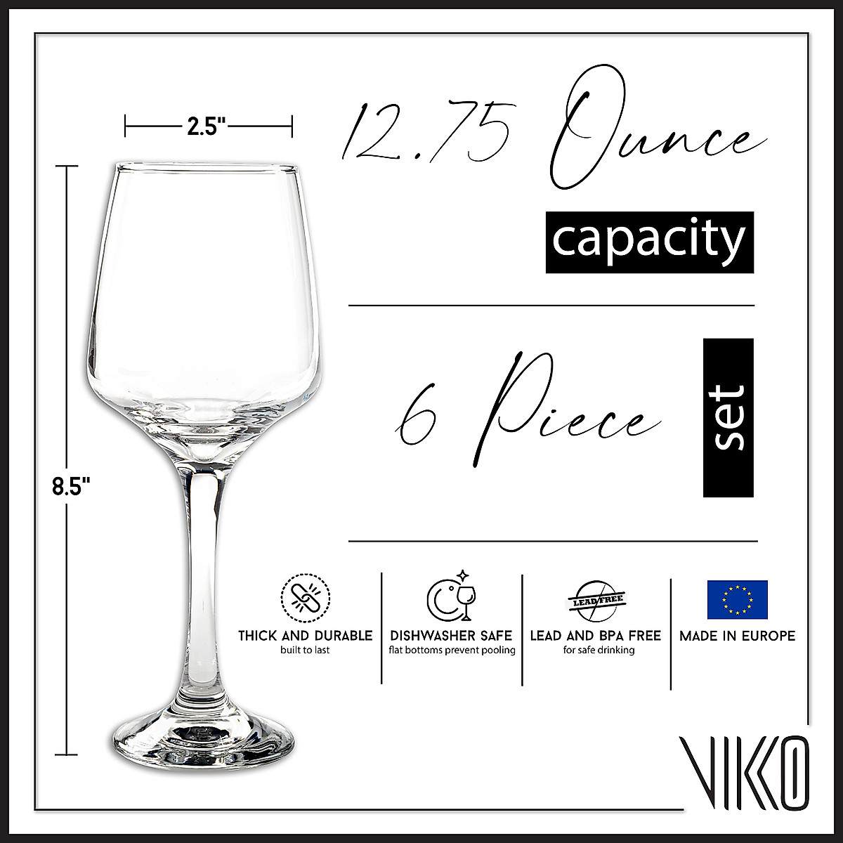 Vikko Wine Glasses, Set of 4 Red Wine Glasses, 12.75 Ounce Clear Wine Glass, Classic, Durable European Stemware