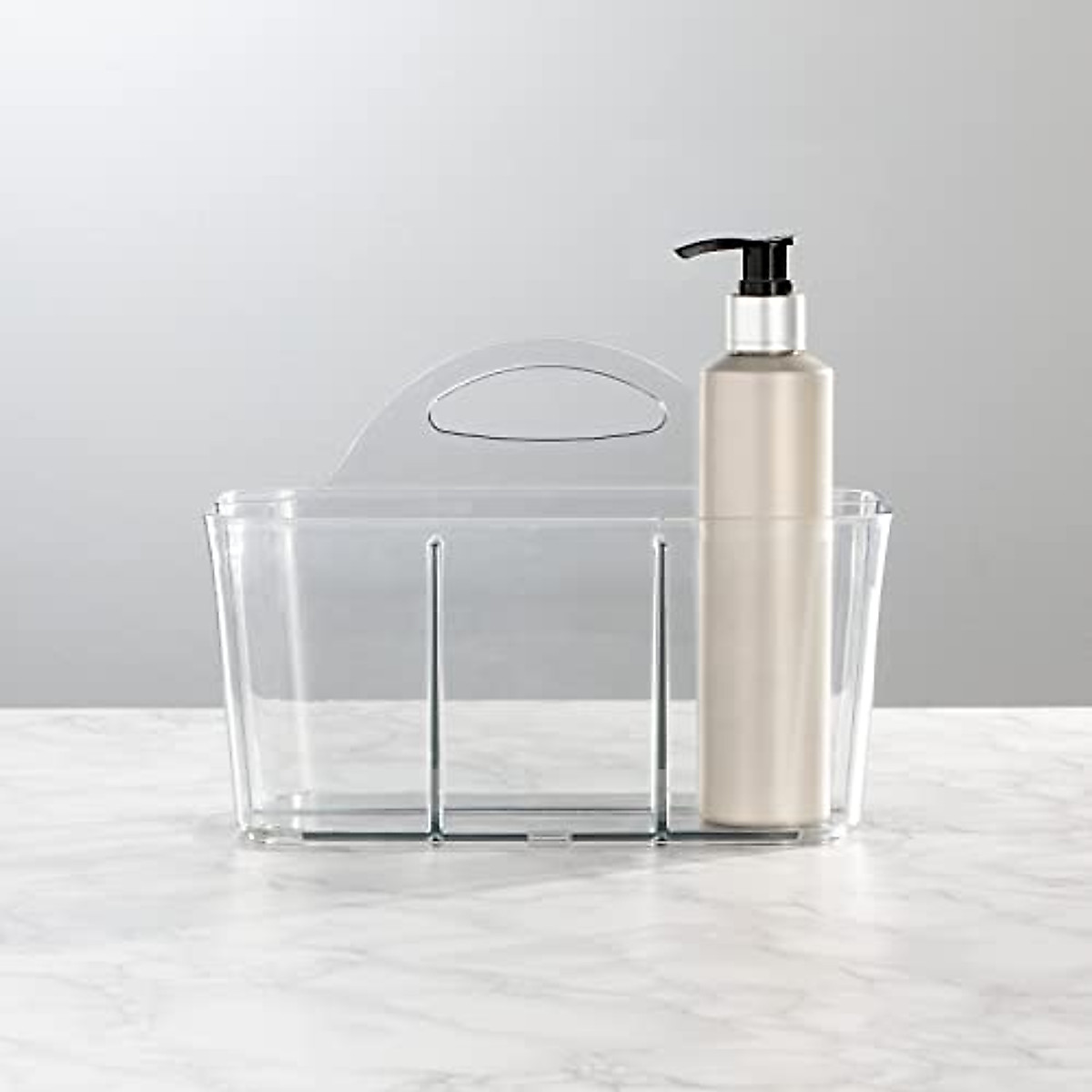 mDesign Small Plastic Shower/Bath Storage Organizer Caddy Tote with Handle for Dorm, Shelf, Cabinet - Hold Soap, Shampoo, Conditioner, Combs, Brushes, Lumiere Collection, 2 Pack, Clear