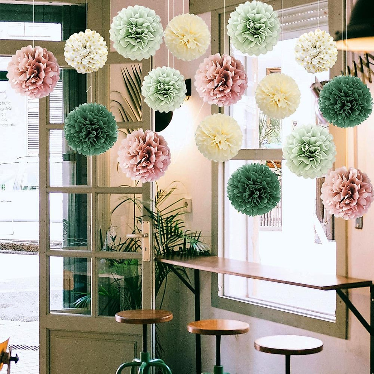 16pcs Dusty Rose Olive Sage Green Tissue Paper Pom Poms Flowers Sage Green Dusty Pink Party Decorations for Bridal Shower Baby Shower Rustic Wedding Birthday Engagement Party Decorations