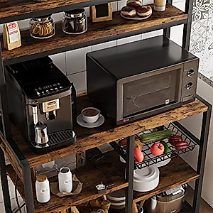 IDEALHOUSE Bakers Rack with Power Outlet, Coffee Bar with Wire Drawer, Industrial Microwave Stand, Kitchen Buffet Table with Large Storage, 6-Tier Kitchen Storage Rack with Hutch, Rustic Brown