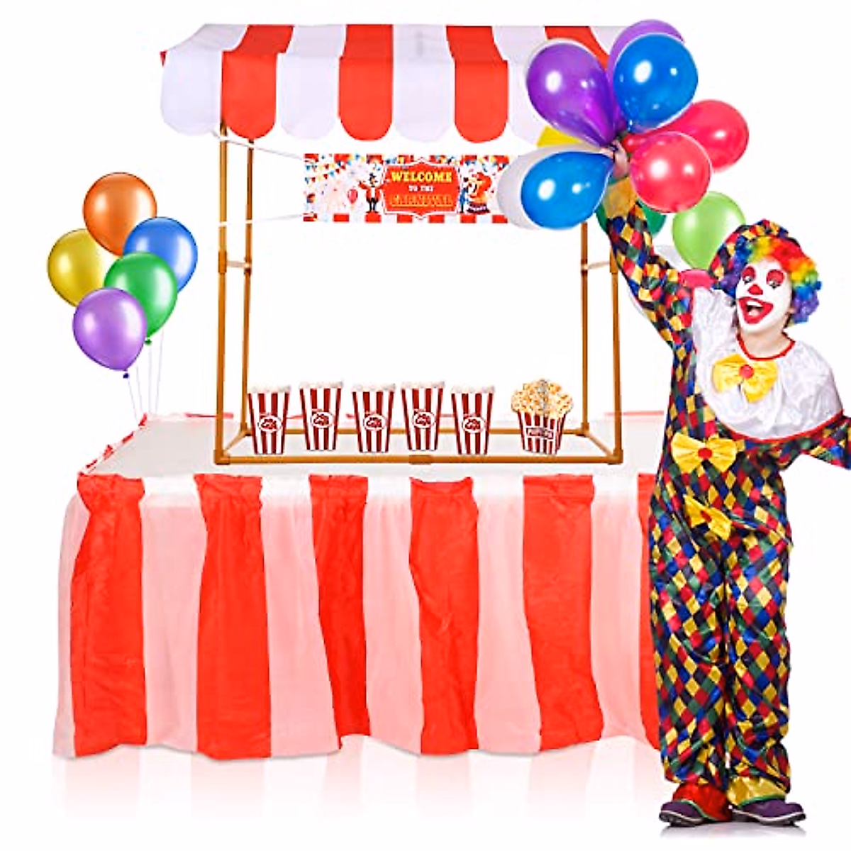 Jutom 45 Pcs Carnival Tabletop Decorating Kit Carnival Circus Concession Stand Decor Red White Striped Table Skirt Welcome to The Carnival Banner Popcorn Boxes Balloon for Carnival Party Decor