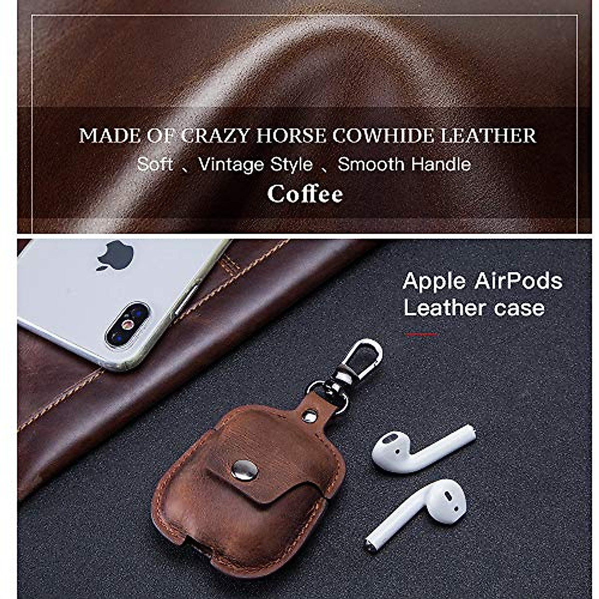 for AirPods Case, Personalized Genuine Leather Portable Protective Case/Cover Shockproof with Loss Prevention Clip for Apple AirPods 1 & 2 Case & Wireless Charging Case (Customize, Brown)