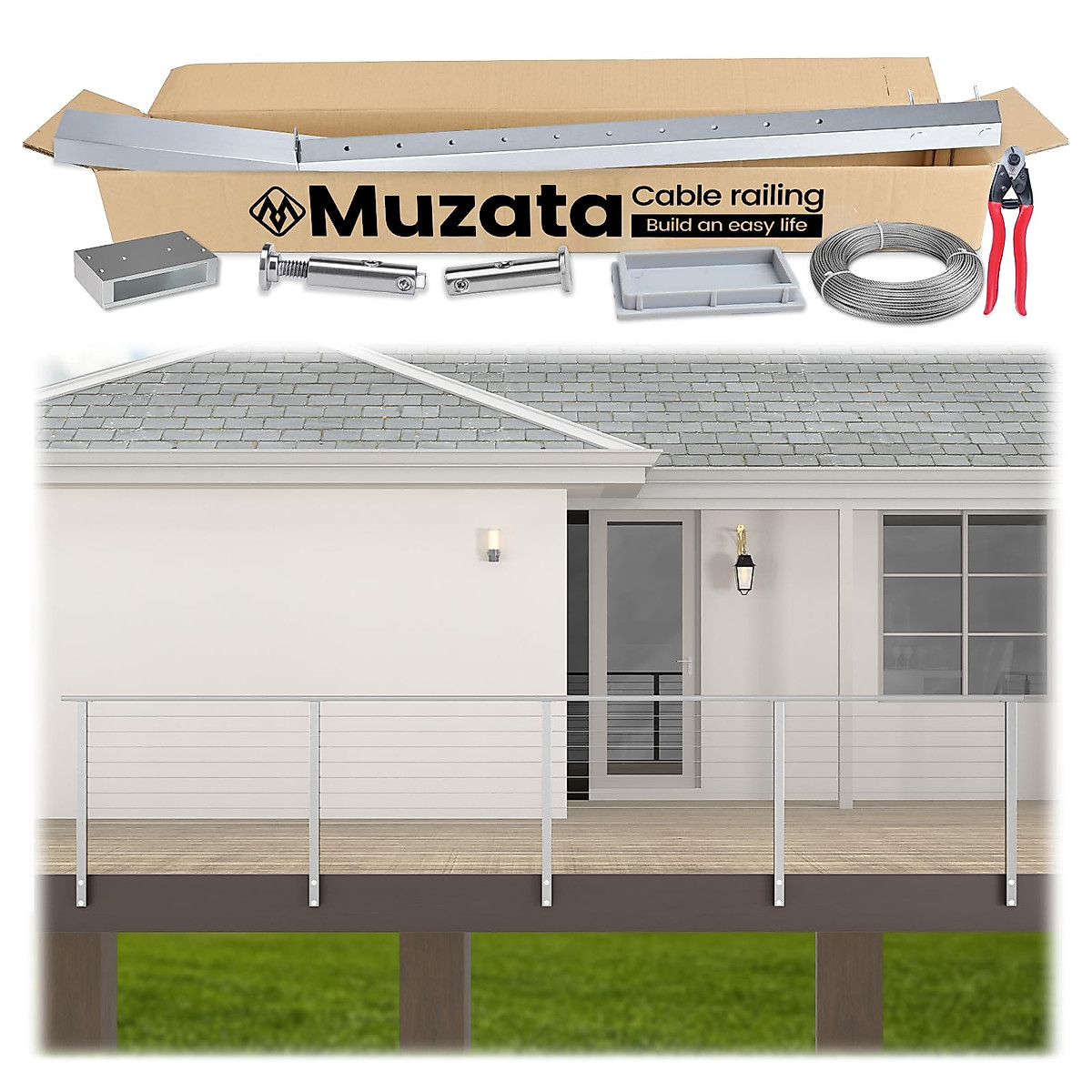 Muzata 6'6"-13' Side Mount Complete Kit Cable Railing System 36" Brushed Cable Railing Post with Cable Rail Handrail Super Easy Length Adjustable Deck Railing for Level Section RCF2 LH4S